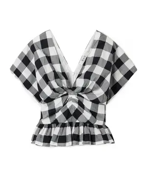 Sea Gathered Gingham Cotton-poplin Peplum Top - Gray