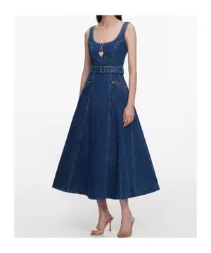 SELF-PORTRAIT Belt-detail Flared Midi Denim Dress