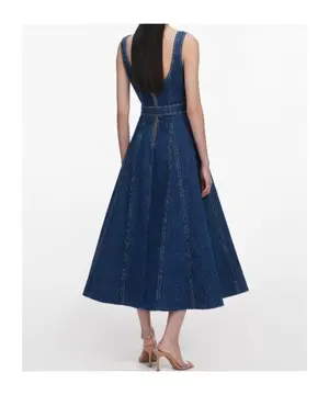 SELF-PORTRAIT Belt-detail Flared Midi Denim Dress