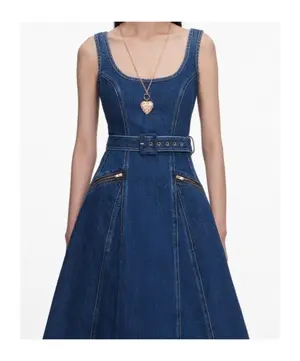SELF-PORTRAIT Belt-detail Flared Midi Denim Dress