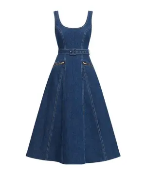 SELF-PORTRAIT Belt-detail Flared Midi Denim Dress - No
