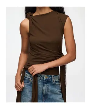 GANNI Asymmetrical Draped Knot Marl Mesh Top - Espresso