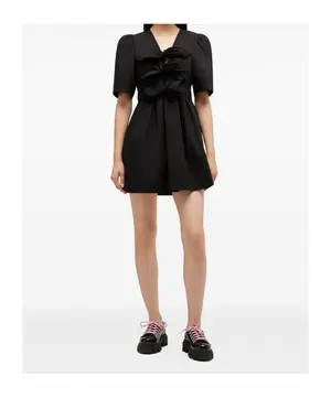 GANNI Bow Detailed V-neck Mini Dress - Black