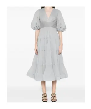 Zimmermann V-neck Puff Sleeve Midi Dress - Light Blue
