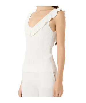 Blumarine Sleeveless Ruffled V-neck Knit Top - White