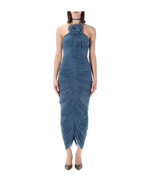 Magda Butrym Draped Halterneck Dress With Floral Appliqu - Blue
