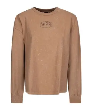 GANNI Long-sleeved Crewneck T-shirt - Brown