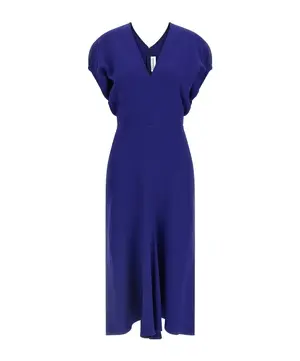 Victoria Beckham V-neck Belted Lantern Sleeve Dress - Blue