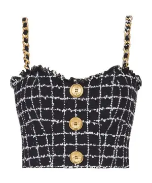 Balmain Tweed Cropped Top With Chain Straps