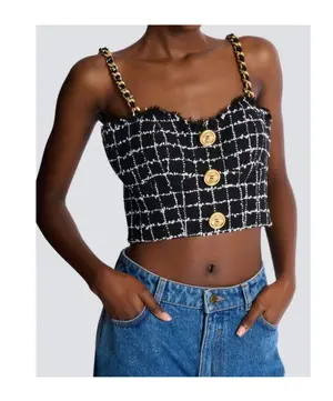 Balmain Tweed Cropped Top With Chain Straps