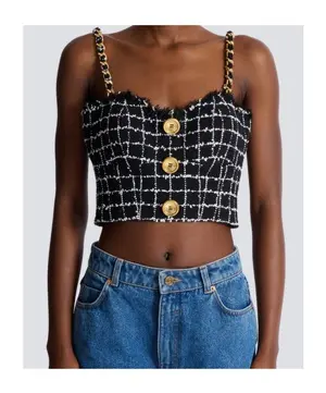 Balmain Tweed Cropped Top With Chain Straps