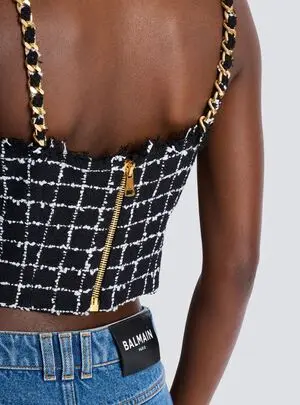 Balmain Tweed Cropped Top With Chain Straps