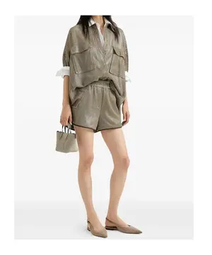 Brunello Cucinelli Sparkling Net Leather Shorts - Khaki