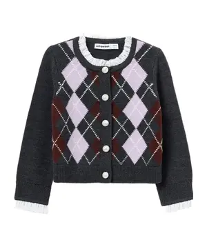 SELF-PORTRAIT Argyle Cardigan With Faux Pearl Embellishment