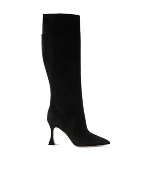 Manolo Blahnik Suede Knee High Boots With Sculptural Heel