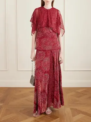 Rabanne Embellished Chiffon Cape Top - Red