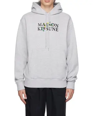 Maison Kitsuné Logo Printed Drawstring Hoodie - Gray