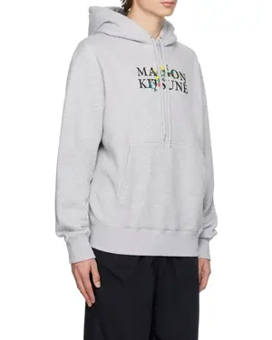 Maison Kitsuné Logo Printed Drawstring Hoodie - Gray