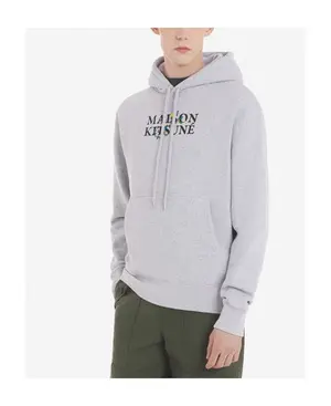 Maison Kitsuné Logo Printed Drawstring Hoodie - Gray