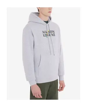 Maison Kitsuné Logo Printed Drawstring Hoodie - Gray