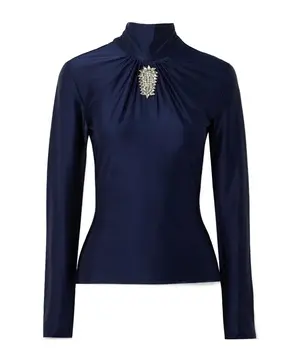 Rabanne Pleated Turtleneck Top With Crystal Embellishments