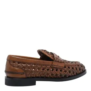 Miu Miu Woven Round Toe Loafers - Cognac