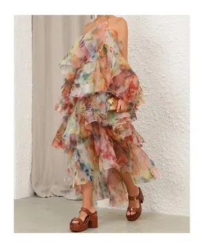 Zimmermann Luna Fanned Maxi Dress In Spliced Floral - Nude