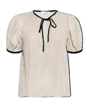 FRAME Polka Dot Puff Sleeve Blouse With Tie Neck - No
