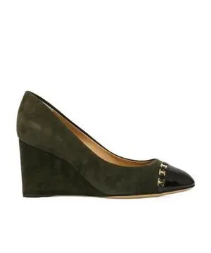 FERRAGAMO Dark Green Suede Wedge Heels - Black