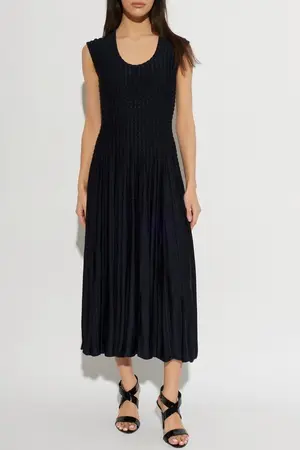 Alaïa Sleeveless Textured Pleated Flare Dress - Navy