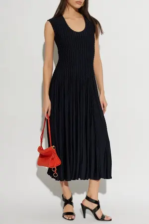 Alaïa Sleeveless Textured Pleated Flare Dress - Navy