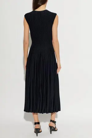 Alaïa Sleeveless Textured Pleated Flare Dress - Navy
