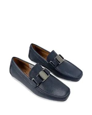 FERRAGAMO Navy Blue Buckled Loafers - Black