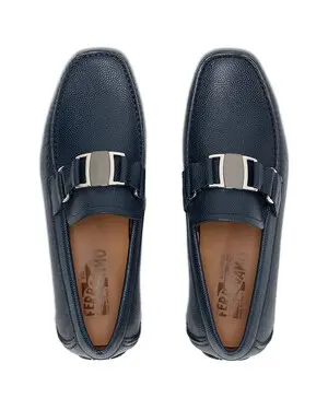 FERRAGAMO Navy Blue Buckled Loafers - Black