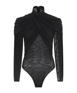 MUGLER Draped Mesh Long Sleeve Bodysuit