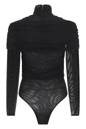 MUGLER Draped Mesh Long Sleeve Bodysuit