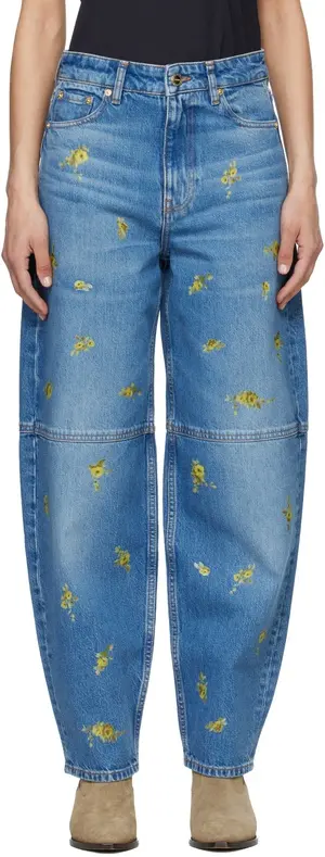 GANNI High Waist Floral Embroidered Jeans - Blue