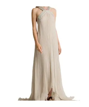 Alberta Ferretti Plissé Metallic Embroidered Collar Chiffon Gown