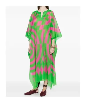 Dries Van Noten Oversized Graphic Printed Kaftan With Fringed Hems - Green