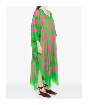 Dries Van Noten Oversized Graphic Printed Kaftan With Fringed Hems - Green