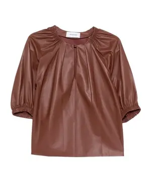 YVES SALOMON Gathered Leather Top With Three-quarter Sleeves - Brown