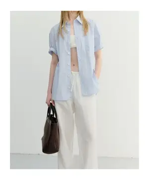 DUNST Oversized Striped Short Sleeve Shirt - Purple