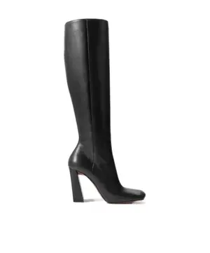 Amina Muaddi Leather Knee High Block Heel Boots