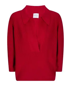 BE YOU Ribbed V-neck Knitted Polo Top
