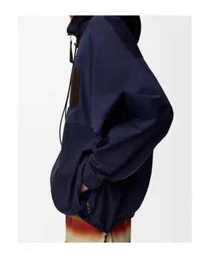 Loewe Ripstop Hooded Jacket With Leather Pocket Detail - Navy Blue/brown