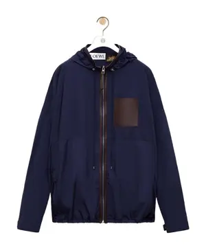 Loewe Ripstop Hooded Jacket With Leather Pocket Detail - Navy Blue/brown