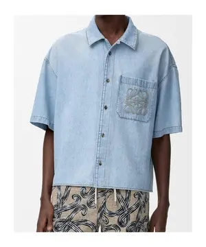 Loewe Anagram-embroidered Short-sleeved Shirt - Washed Blue