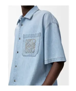 Loewe Anagram-embroidered Short-sleeved Shirt - Washed Blue