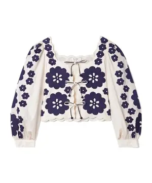 SEA Sea "Catrine" Tie-Front Scalloped Appliqué Cotton-Voile Blouse