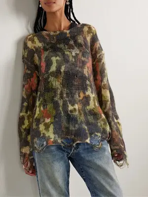 R13 Boyfriend Distressed Camouflage-print Open-knit Sweater
